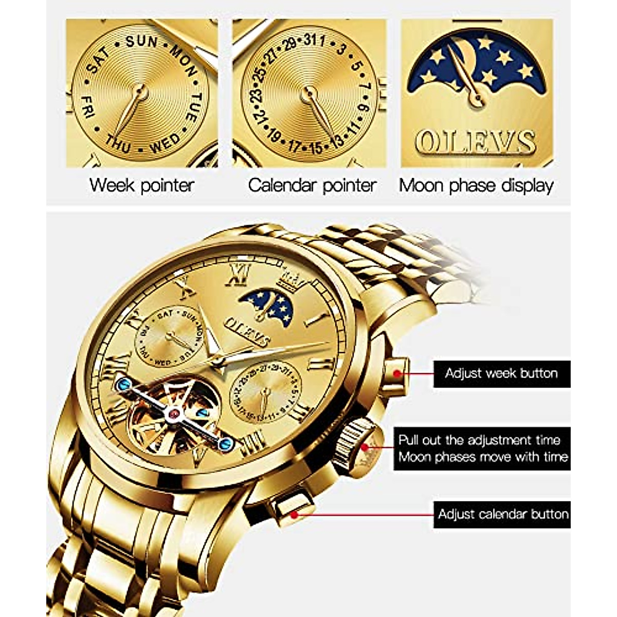 OLEVS Gold Couple Automatic Watches for Men and Women His and Hers Watch Set Gifts Mechanical Self-Winding Tourbillon Big Face Dress Wrist Watch with Day Date Calendar Golden