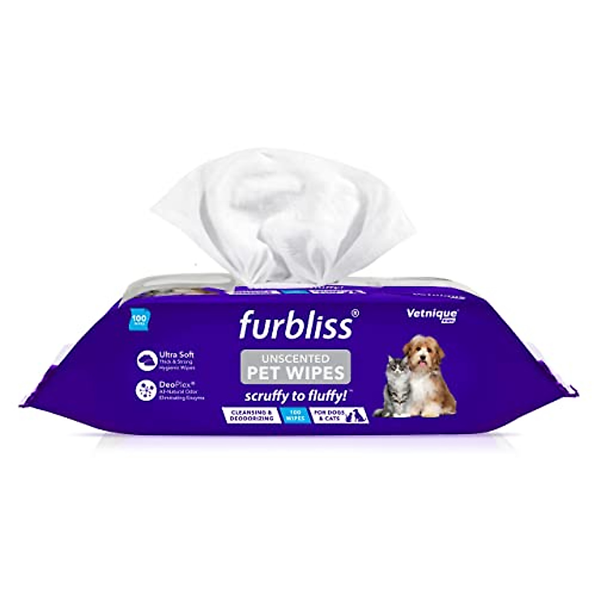 Vetnique Labs Furbliss Hygienic Pet Wipes for Dogs & Cats, Cleansing Grooming & Deodorizing Hypoallergenic Thick Wipes with All Natural Deoplex Deodorizer (Unscented, 100ct Pouch)