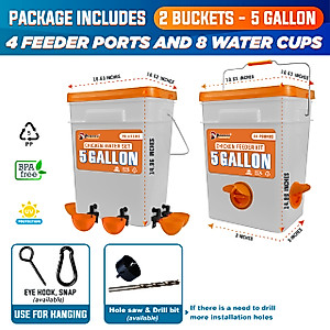 PAMAZY 5-Gallon/44 Pounds Automatic Chicken Feeder &Waterer Set2 Buckets),Chicken PortWater Cup NoWaste,Rain Proof Poultry Feeder,Avoid Small Animals. Suitable for Chicken,Duck,Turkey,Grey,OrangeCKF)