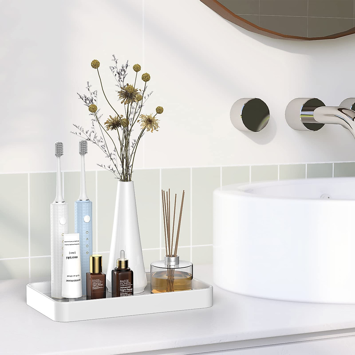 Gurygo 10" Ceramic Bathroom Vanity Tray for Kitchen Counter – Soap Dispenser Trays - Bathroom Tray - Kitchen Tray for Soap Bottles Organization (White, Set/1)