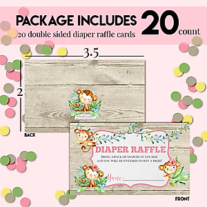 Amanda Creation Watercolor Jungle Monkeys Diaper Raffle Tickets for Baby Girl Showers, 20 2" X 3” Double Sided Insert Cards for Games, Bring a Pack of Diapers to Win Favors & Prizes!