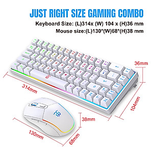 Snpurdiri 60% Wireless Gaming Keyboard and Mouse Combo,LED Backlit Rechargeable 2000mAh Battery,Mini Mechanical Feel Anti-ghosting Keyboard +Popular RGB Gaming Mice for PC Gamer (White)