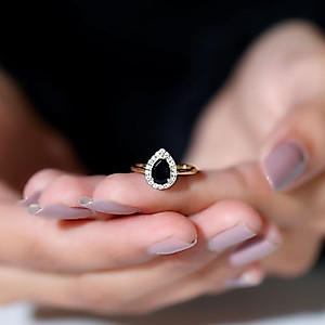 Certified Black Spinel Diamond Halo Engagement Ring, AAA Quality, Black Spinel 5X7mm Pear Shape Ring - Ready To Gift, 14K Yellow Gold, Size:US 7.50