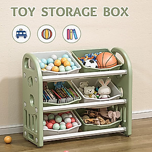 Kids Toy Storage Organizer, 3-Tier Multi-Functional Toy Shelf and 6 Toy Bins, Large Storage Capacity Toy Storage Cabinet for Kids Room, Playroom, Nursery Room(Light Green)
