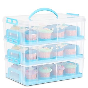 Flexzion 36 Cupcake Carrier 3 Tier Stackable Storage Container Collapsible Cake Carrier with Lid and Handle, Reusable Rectangular Plastic Dessert Travel Container, Display Holder Transport Box (Blue)