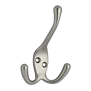 QCAA Coat Hat Hook with Three Prongs, 4", Zinc Die Cast, Satin Nickel, 5 Pack, Made in Taiwan