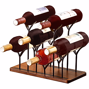 Kovot Tabletop Bottle Rack, 6 Wine Bottle Holder, Dark Brown Wood Base with Black Iron Branches, Countertop Home Decor Kitchen Storage Rack, Bar, Cellar, Cabinet, Pantry