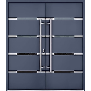 Front Exterior Prehung Metal Double Doors/Deux 1105 Gray Graphite Mirrored Glass/Entry Modern Painted Right Inswing Active Door 72" x 80"