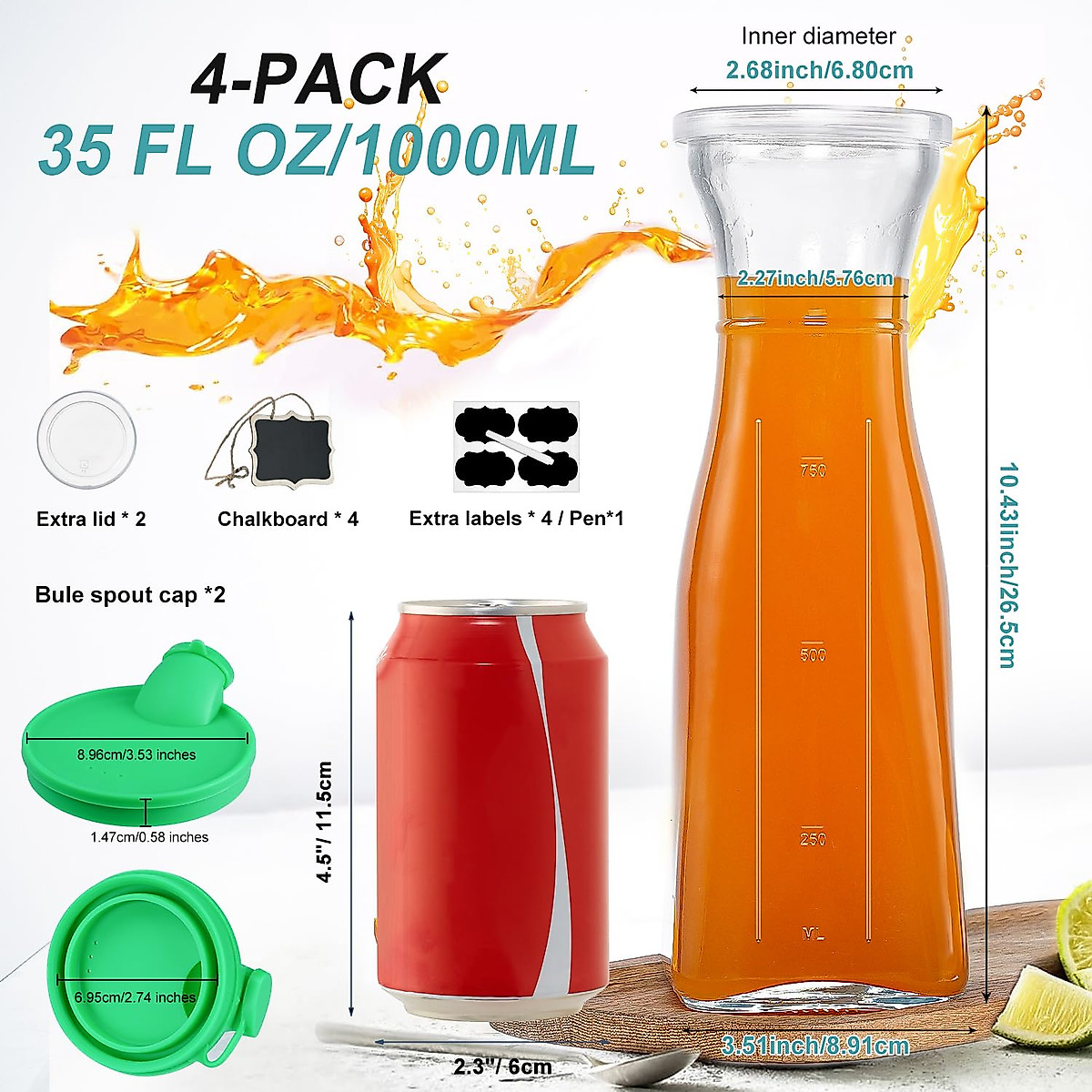 Ritayedet Glass Carafe, 1 Liter Carafe for Mimosa Bar, 4 Pcs, Square Carafe Pitcher with Lid, Drink Dispenser for Parties, Cold Water, Milk, Juice Container, Tea, Wine, Cocktails (6 Lids & 2 Spouts)