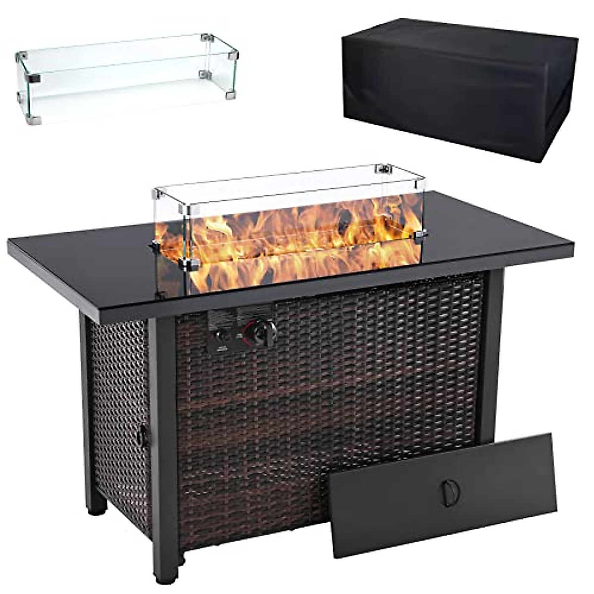 CUREALLSO 43 Inch Propane Fire Pit Table, 50,000 BTU Auto-Ignition Gas Fire Pit Table Rattan Look with Glass Wind Guard , Waterproof Cover, CSA Approved for Courtyard Terrace Gardens