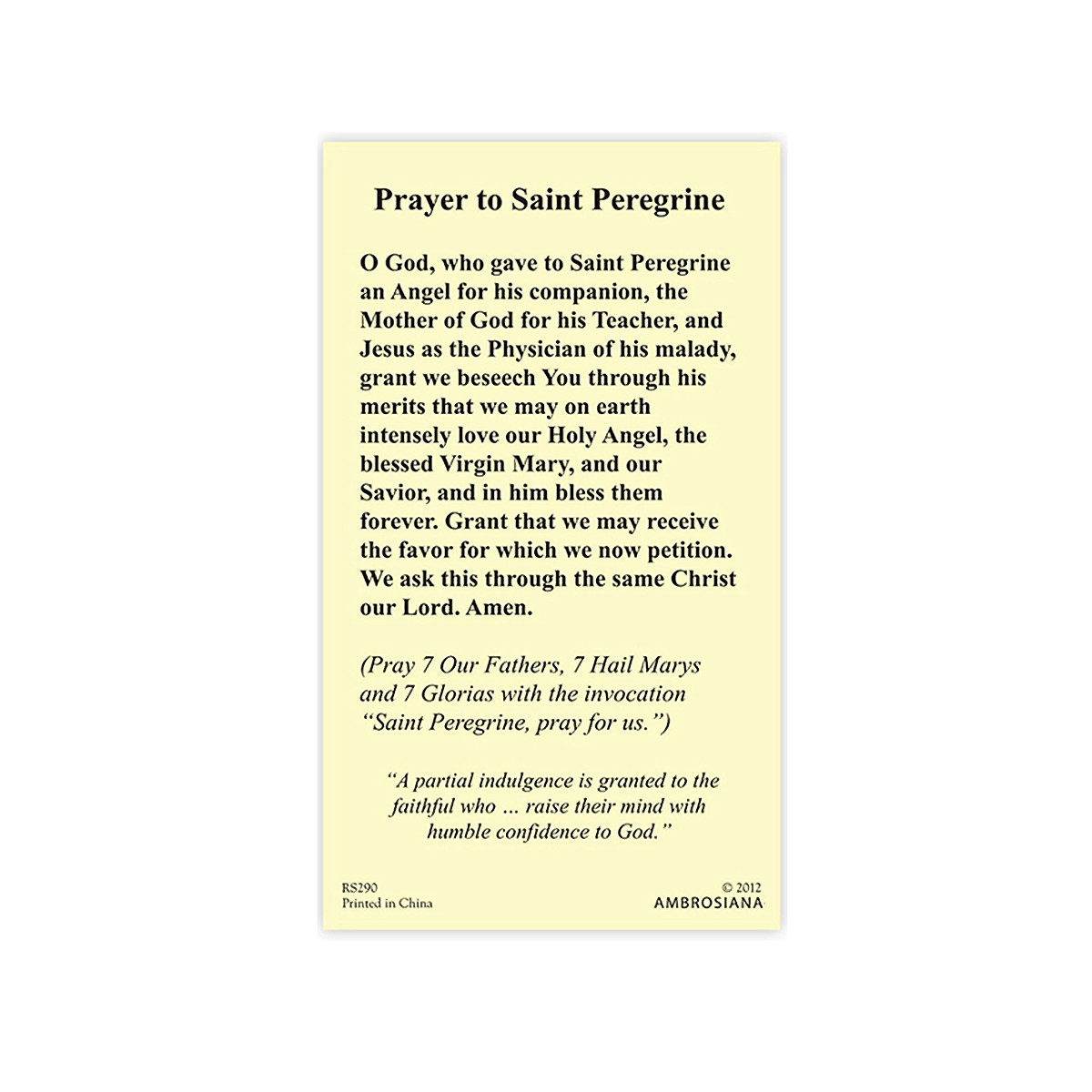 Saint Peregrine Religious Holy Card- Cardstock Card with Prayer to St Peregrine on the back (10 pack)