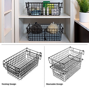 Home-Complete Nesting Storage Bins Stackable Wire Baskets, Set of 2, Medium, Black, 2 Each