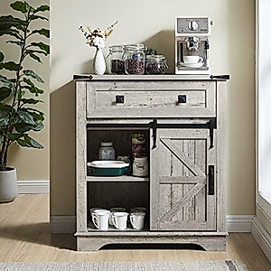 OKD Farmhouse Coffee Bar Cabinet, 32" Sliding Barn Door Buffet Sideboard Cabinet with Drawer, Adjustable Storage Shelves, Wooden Accent Cabinet for Kitchen, Living Room, Dining Room(Light Rustic Oak)
