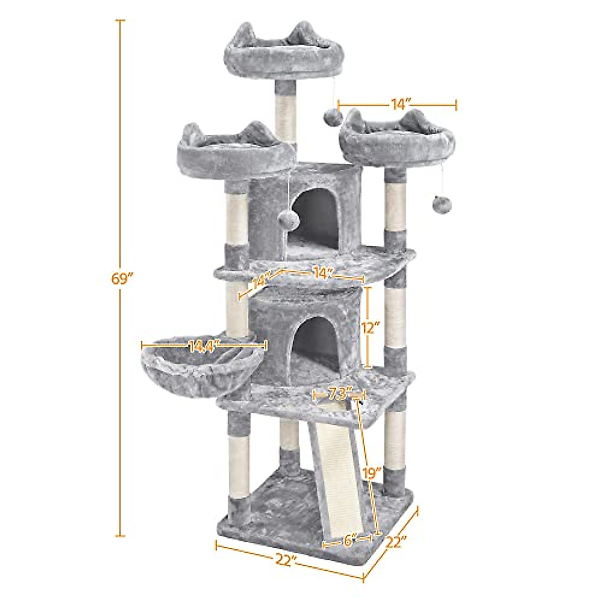 Yaheetech 68.5in Multi-Level Cat Tree Large Cat Tower with Sisal-Covered Scratching Board & Scratching Posts, Cozy Perches, Stable Cat Tower Cat Condo Pet Play House, Light Gray