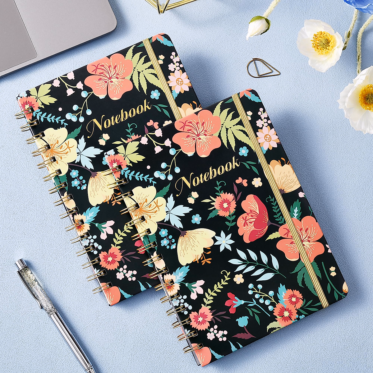 Shoparr Spiral Notebook – Spiral Journal for Women with Premium Thick Paper, 6" x 8.3", Hardcover Ruled Journal/Notebook with Back Pocket + Banded - Floral