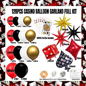 Casino Balloon Garland Arch Kit, 128Pcs Red Black White Gold Balloon With Starburst Dice Foil Balloons Giant Paper Card for Casino Las Vegas Game Night Poker Theme Party Decorations