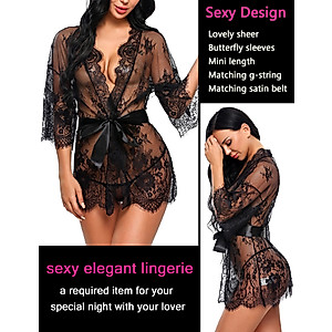 Avidlove lace nightgown lingerie Women's Lace Kimono Robe Babydoll Lingerie Mesh Nightgown Black XL