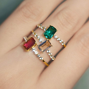 Michooyel S925 Dainty Emerald Baguette Rings CZ Band Rings 18K Gold Plated Sterling Silver Fine Jewelry for Women