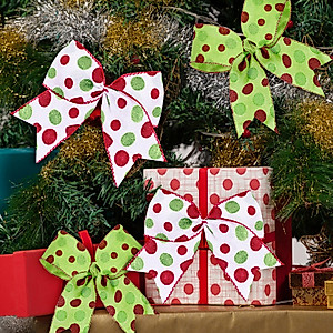 4 Rolls Christmas Ribbons Polka Dot Ribbon Wired Glitter Christmas Wired Ribbons Burlap Decorative Grinch Ribbons for DIY Craft Wreath Bows (Green, Red, 2.5 Inch x 6 Yard Per Roll)