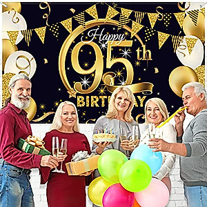 Birthday Party Decoration Extra Large Fabric Black Gold Sign Poster for Anniversary Photo Booth Backdrop Background Banner, Birthday Party Supplies, 72.8 x 43.3 Inch (95th)