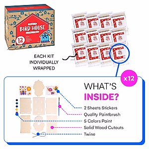 Neliblu DIY 12 Wooden Bird Houses - Creative Arts and Crafts Set for Kids and Adults - Unfinished Wood Birdhouse Kits with Paint Strips, Brushes, Stickers, and Strings - 3 Different Shapes, 2 Sizes