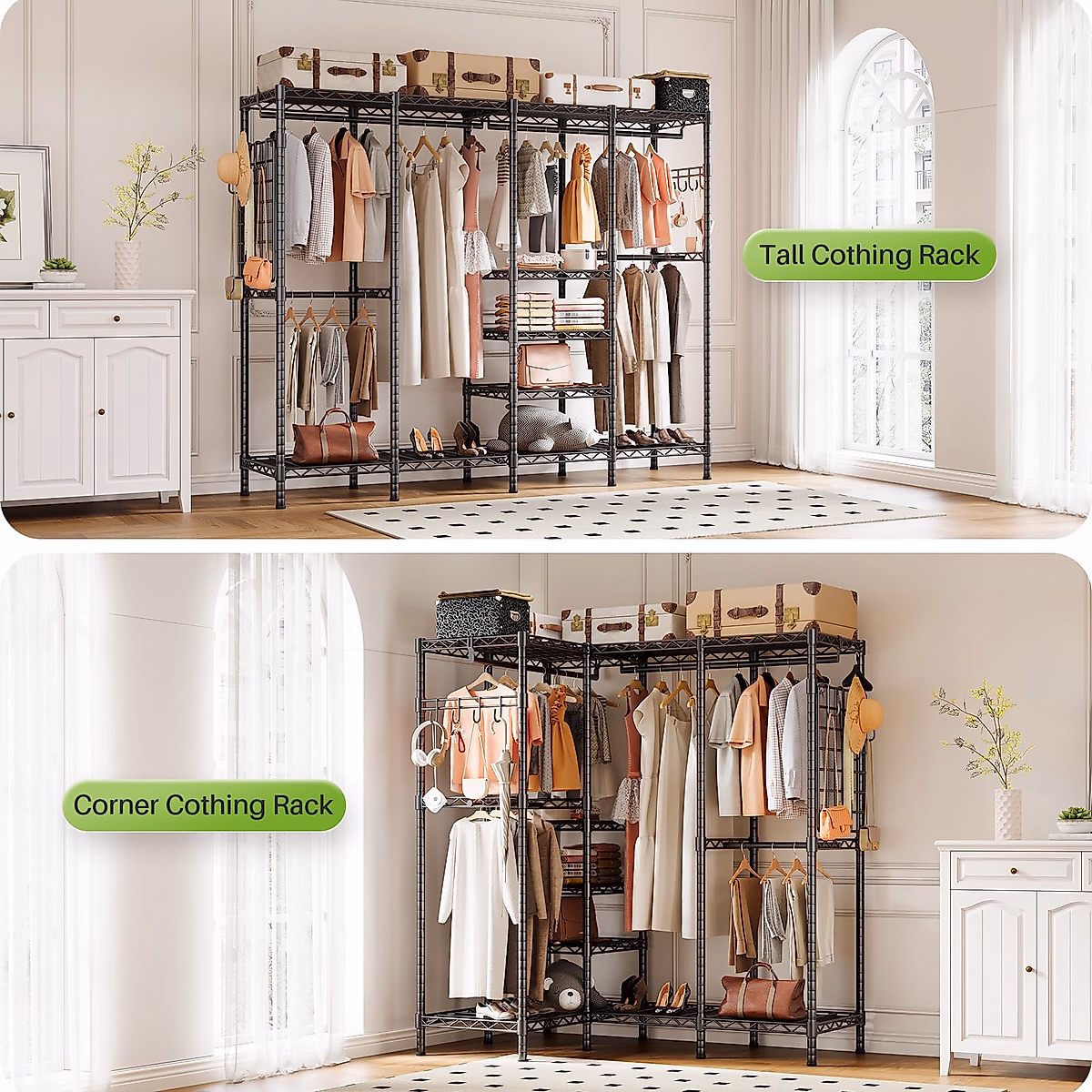 HOKEEPER Heavy Duty Clothes Rack Portable Closet Rack with Adjustable Shelves, Side Mesh Board and Hooks Freestanding Clothing Racks for Hanging Clothes Garment Racks Load 1500LBS 76"W*16"D*76"H Black