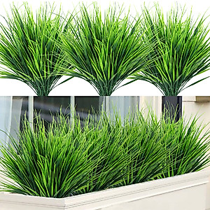 Ouddy Decor Artificial Wheat Grass Fake Plants Outdoor UV Resistant Greenery Stems Plastic Shrubs for Patio Garden Farmhouse Front Porch Window Box Home Decor, 10 Bundles