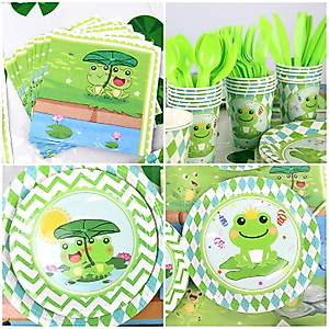 Frog birthday Party Decoration, Frog Party Supplies Tableware Includes Paper Plates, Balloons and HAPPY BIRTHDAY Banner for Green Frog Camping Baby Shower Kids Birthday Dinnerware Party, Serves 20