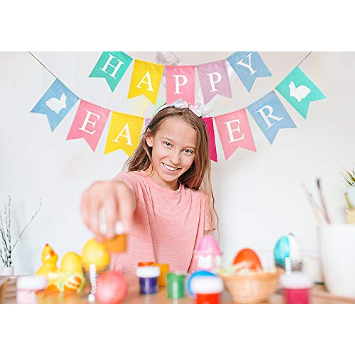 Easter Banner, Burlap Happy Easter Egg Garland, Mantle Decorations for Fireplace, Easter Bunny Hanging Bunting Garland for Easter Decorations Home Party Decor Favors Photo Props