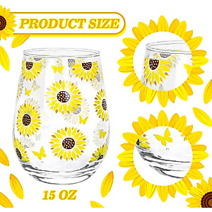 AnyDesign Sunflower Stemless Wine Glasses Summer Drinking Glasses Set of 2 Yellow Flower Butterfly Glasses for Bridal Party Wedding Whiskey Beer Farmhouse Kitchen Home Decor Father's Day