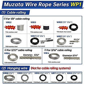 Muzata 165feet Wire Rope Black Vinyl Coated 1/16" Overmolded to 3/32" Stainless Steel Aircraft Cable7x7 Strand String Hanging DIY Outdoor Indoor WR10 WP1