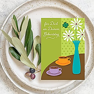 Designer Greetings German Language Happy Birthday Cards, “für Dich an Deinem Geburtstag” Flowers and Coffee Design (6 Cards with Envelopes / 6 Karten mit Umschlägen)