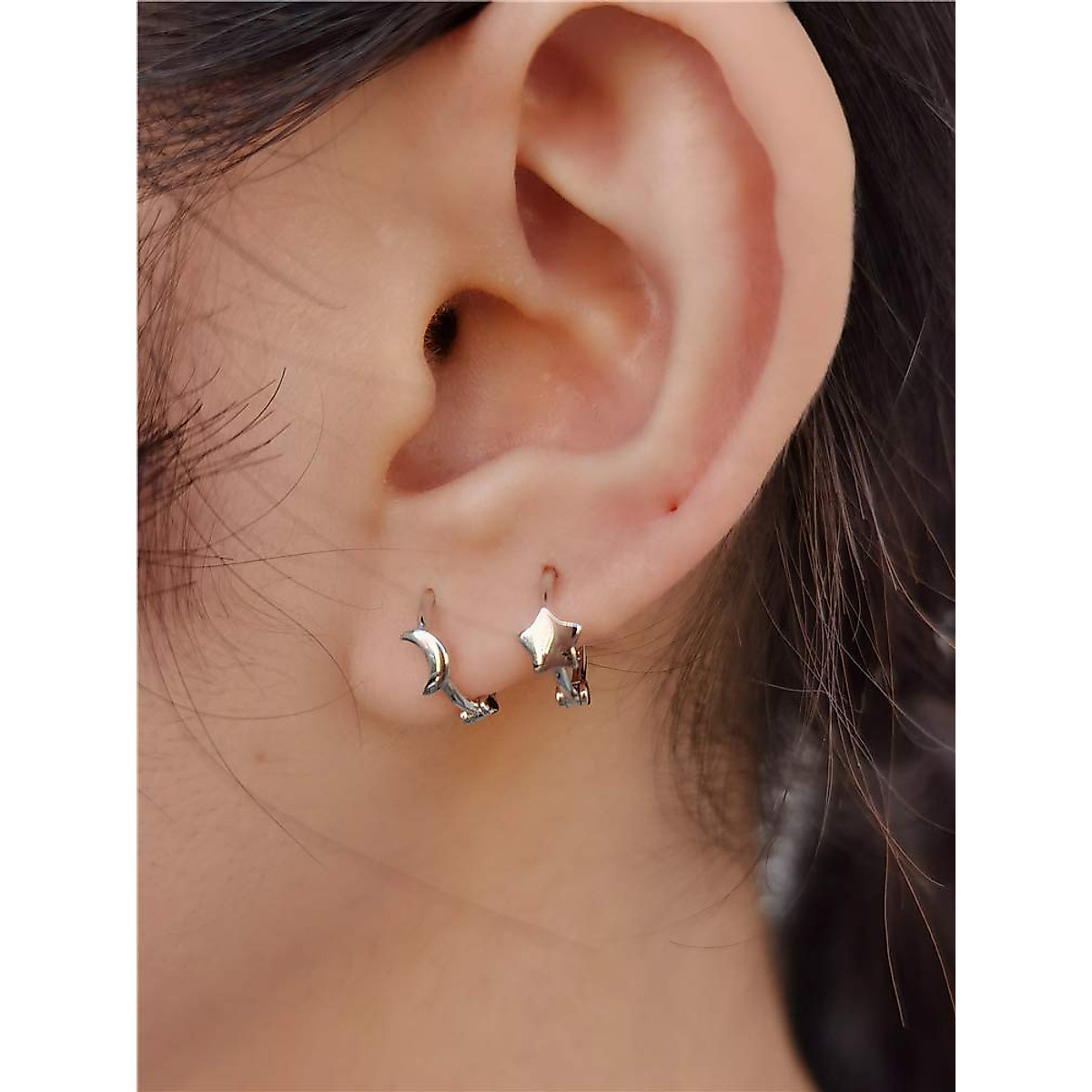Asymmetrical Star Moon Small Hoop Earrings for Women Girls 925 Sterling Silver Charms Tiny Minimalist Crescent Moon Star Cartilage Clip Cuff Stud Earrings Fashion Delicate (Silver)