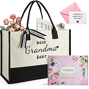 TRSODD Grandma Gifts, Gifts for Grandma, Embroidery Tote Bag for Women, Grandma Birthday Gifts, Best Grandma Ever Beach Bag with Inner Pocket, Beautiful Gift Box and Greeting Card Sets