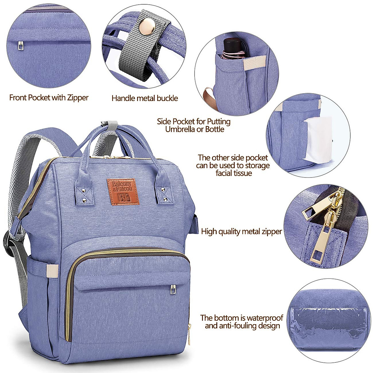 BALCONY & FALCON Multi-Functional Diaper Bag Backpack with Changing Pad Waterproof Nappy Bag