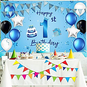 Happy 1st Birthday Backdrop Banner Blue Newborn Boys First Birthday Backdrop Photography Background for 1st Birthday Baby Shower Party Decorations Supplies 72.8 x 43.3 Inch
