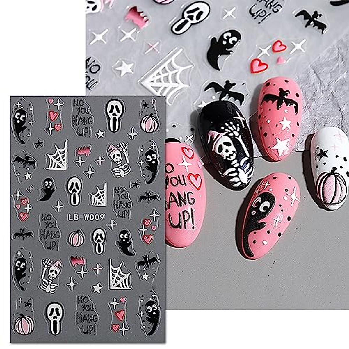 JMEOWIO 8 Sheets Halloween Nail Art Stickers Decals Self-Adhesive Pegatinas Uñas Pink Skull Cute Horror Ghost Spider Web Bat Pumpkin Spook Nail Supplies Nail Art Design Decoration Accessories