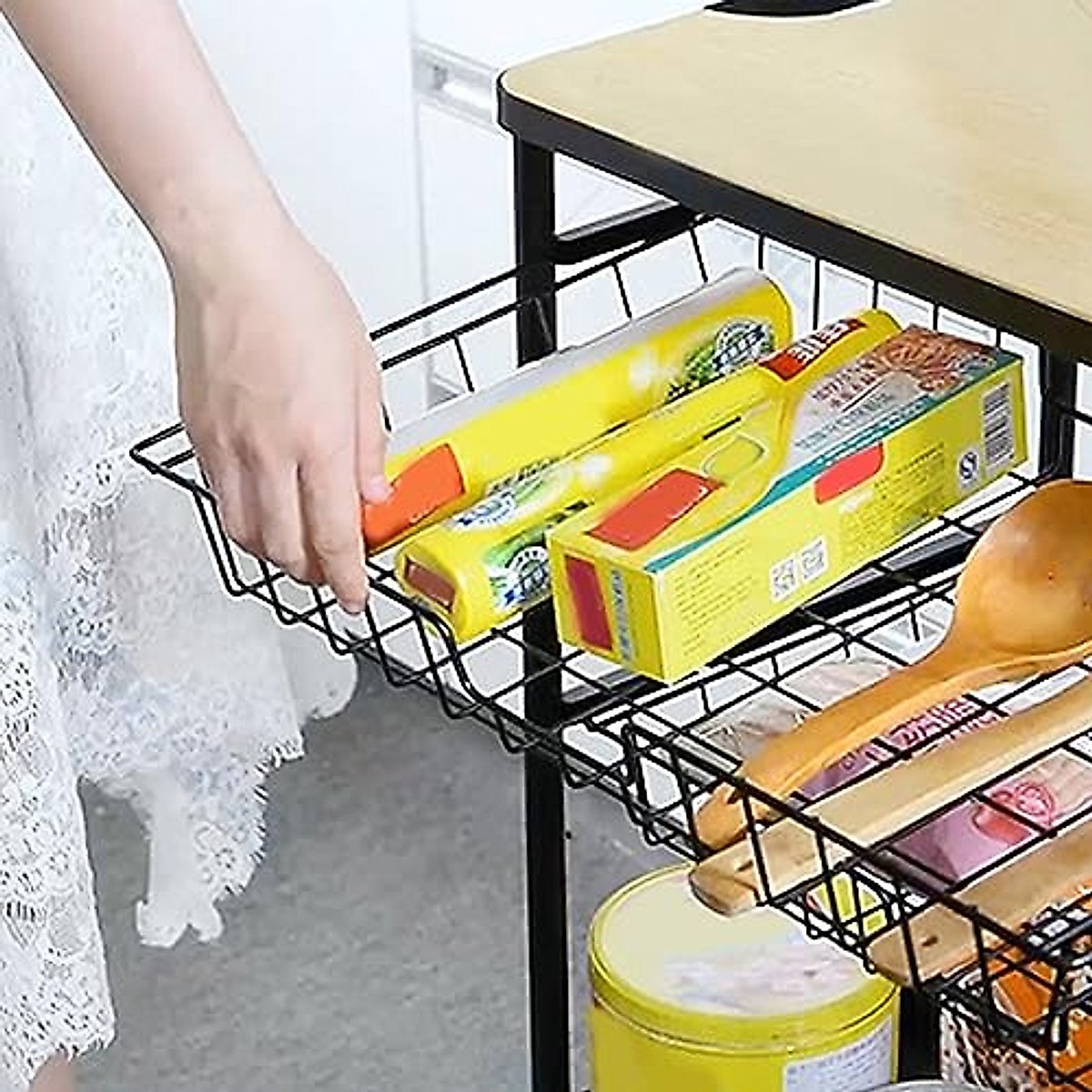 VLOBAOM Rolling Home Bar Serving Cart with Removable Wooden Tabletop & Storage Baskets, Industrial Kitchen Island Storage Shelf,24''Dx16''Wx30''H,Black