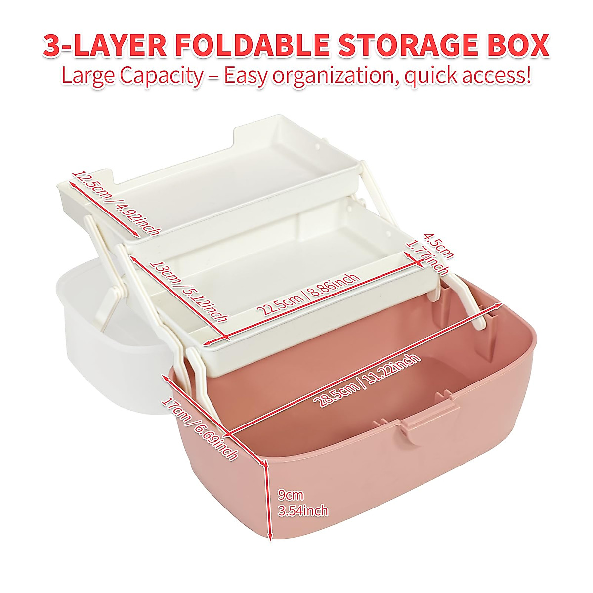 3-Layer Multipurpose Storage Box Organizer Folding Tool Box/Art & Crafts Case/Sewing Supplies Organizer/Medicine Box/Family First Aid Box with 2 Trays (Pink)