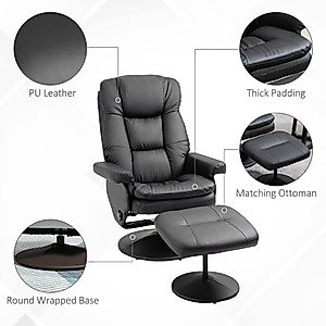 HOMCOM Swivel Recliner with Ottoman, PU Leather Reclining Chair with Ottoman, Upholstered Recliner and Footrest with Wrapped Base for Living Room, Bedroom and Home Office, Black