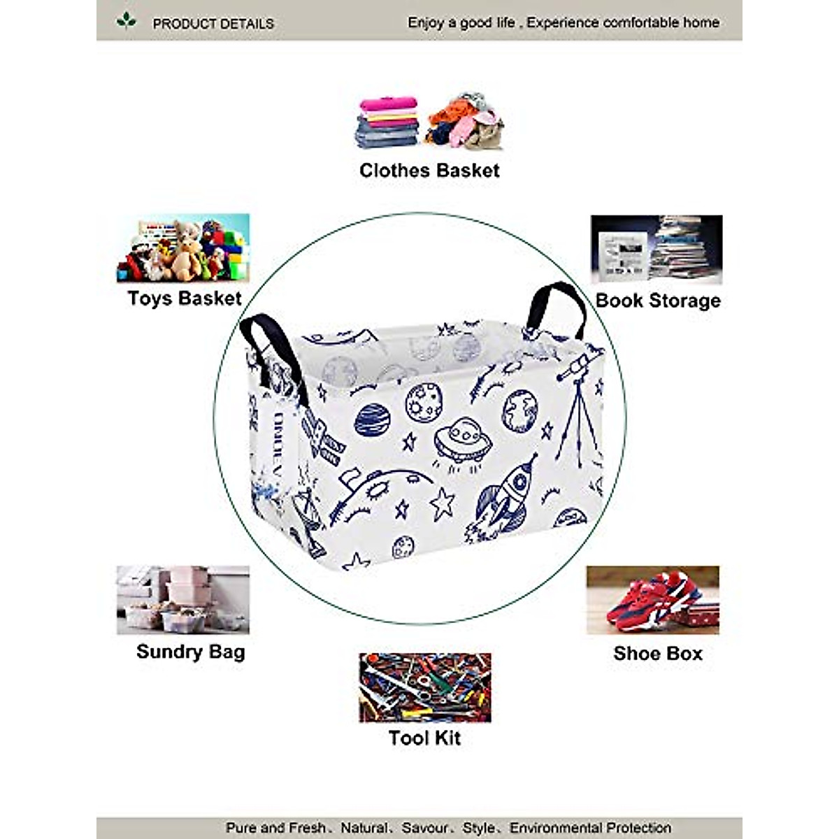 ONOEV Rectangular Folding Laundry Basket, waterproof Canvas Basket,gift basket,Suitable for children's room,Office,Clothes,Toys Storage (Blue Planet)