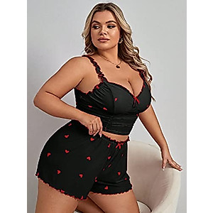 SOLY HUX Women's Plus Size Heart Print Mesh Pajama Set Cami Top and Shorts Lounge Sleepwear Black Heart 5XL