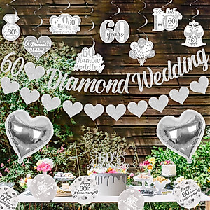 Fangleland 60th Diamond Wedding Anniversary Decorations, Glitter Banner, Cake Topper, Hanging Swirl, Silver Heart-shaped Love Foil Balloons, Party Festival Celebration Supplies Sets