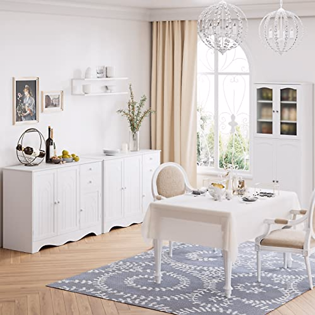 HORSTORS White Sideboard Buffet Cabinet with Storage, Kitchen Buffet Storage Cabinet with 2 Drawers & 3 Doors, Wood Coffee Bar Buffet Table Console Cabinet for Kitchen, Dining Room, White