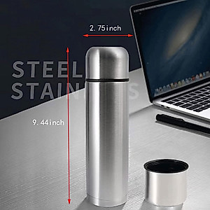 Stainless Steel Thermal Bottle Thermos for Hot and Cold Drinks Travel Coffee Mug with Cup Water Flask Vacuum Insulated Tumbler 17 oz/500ml （Silver）