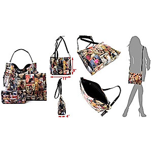 Magazine Cover Collage Michelle Obama Printed Square Hobo bag + Crossbody purse + Wallet 3pcs Set (Multi)