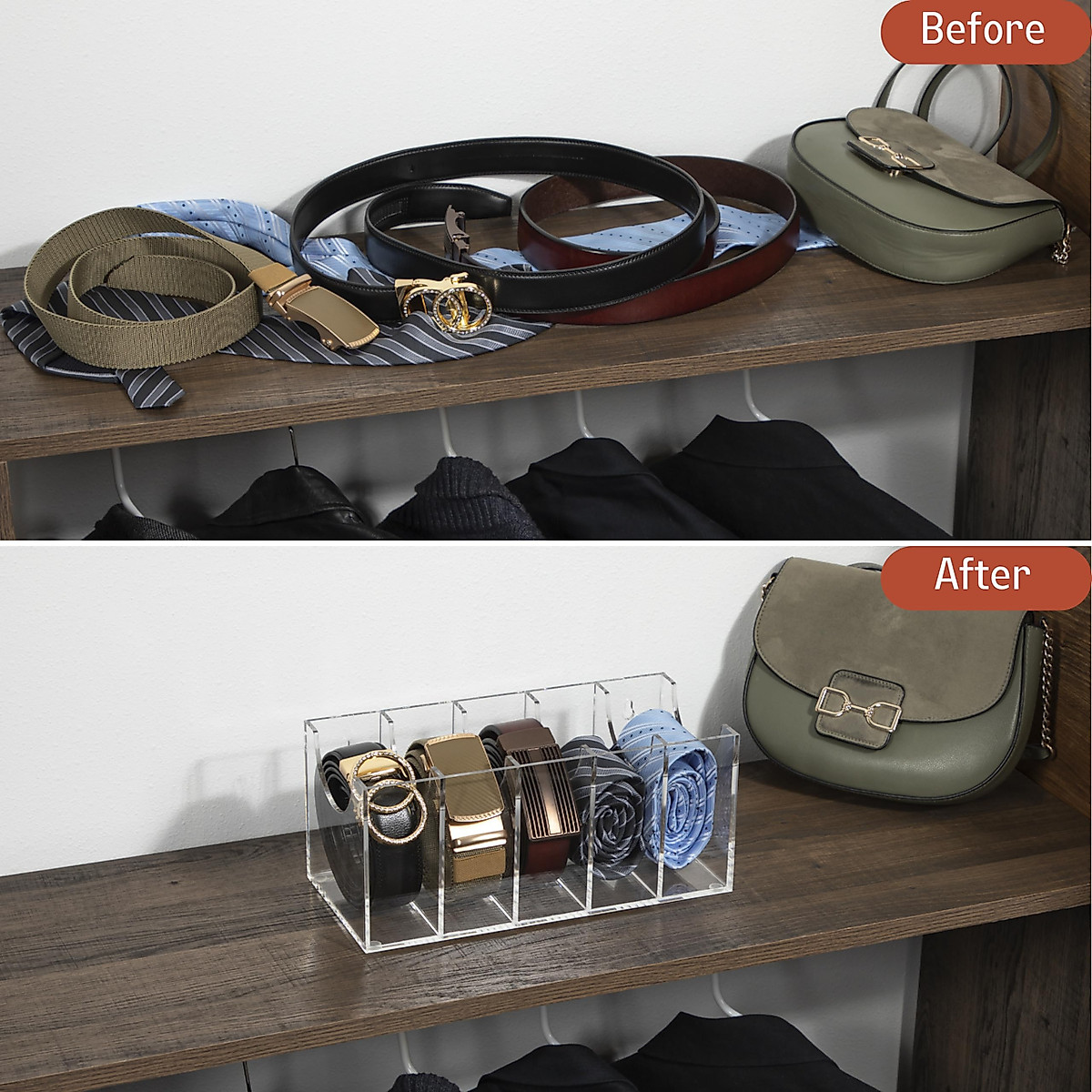 PROKTIK Acrylic Belt Organizer - 5 grid Belt Holder – Wall Mount Belt Storage – Tie and Belt Organizer for Closet and Drawer – Belt Display - Organizer for Belts, Ties, Watches, Cosmetics, Underwear