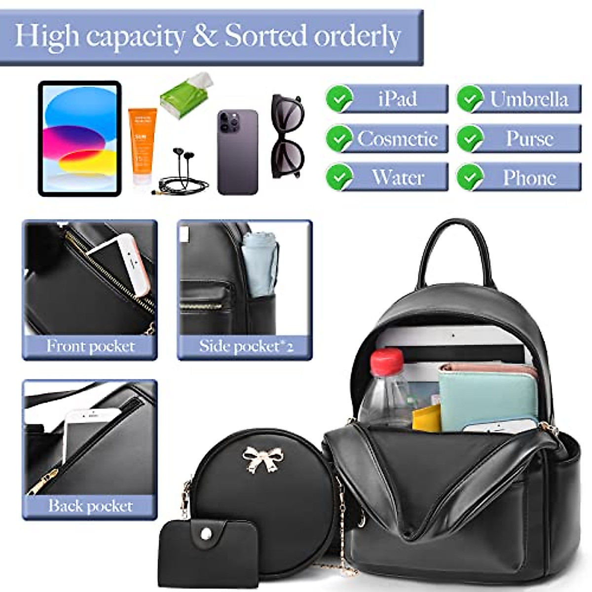 BESYIGA Girls Fashion Backpack 3-Pieces Leather Mini Backpack Purse for Women Satchel School Bags with Pompom Casual Travel Daypacks White