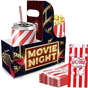 KARAQY 10 Pcs Movie Night Snacks Trays Box - Movie Night Drink Carrier with Handles, Disposable Popcorn Bags, Cinema Combo Popcorn Drink Holder for Movie Theater Cinema Party Supplies Favors