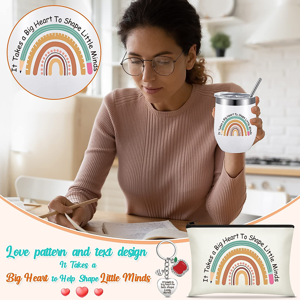 SEEWEY 3 Pieces Back to School Teacher Gifts Teacher Appreciation Gifts 12 oz Teacher Wine Stainless Steel Tumbler Makeup Bag Keychain Insulated Coffee Tumbler Canvas Cosmetic Bags Thank You Gifts